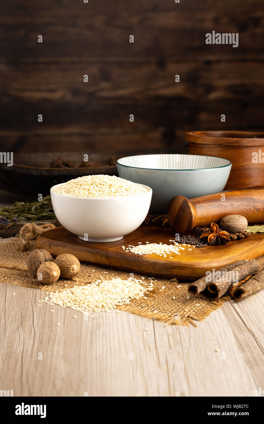 Dry Sesame Seeds Organic in a bowl with a Kitchen Setting Stock Photo ...