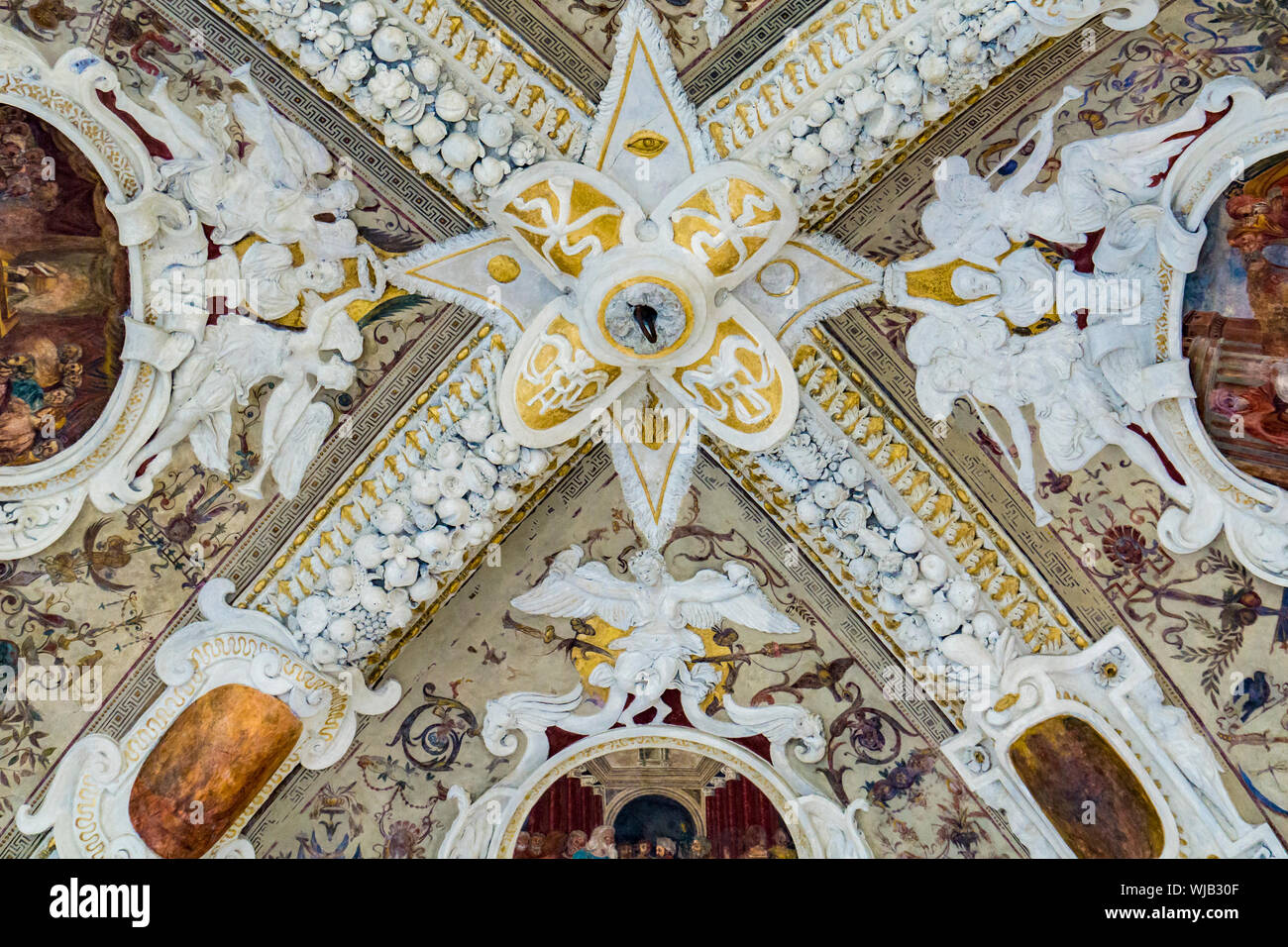 Closeup of the decorative ceilings of Loggia della Mercanzia in Siena ...