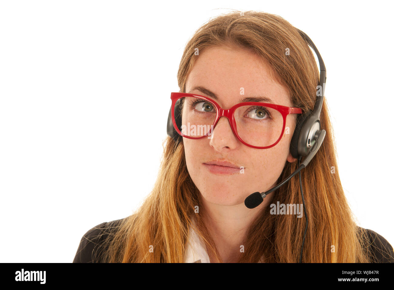 Blond woman with headset for customer support on the phone isolated ...