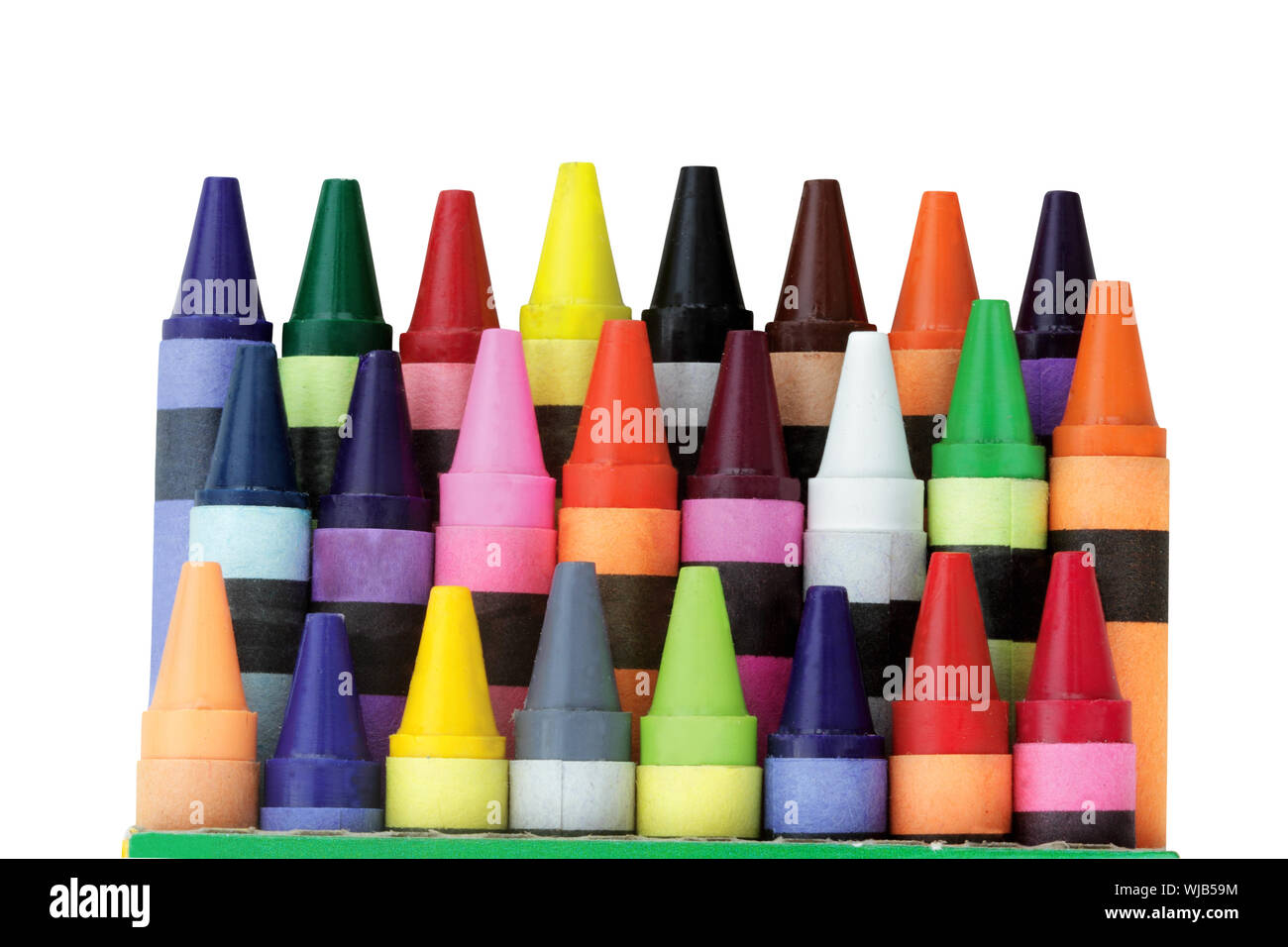 Three rows of wax crayons in a box with clipping path included. Shallow ...
