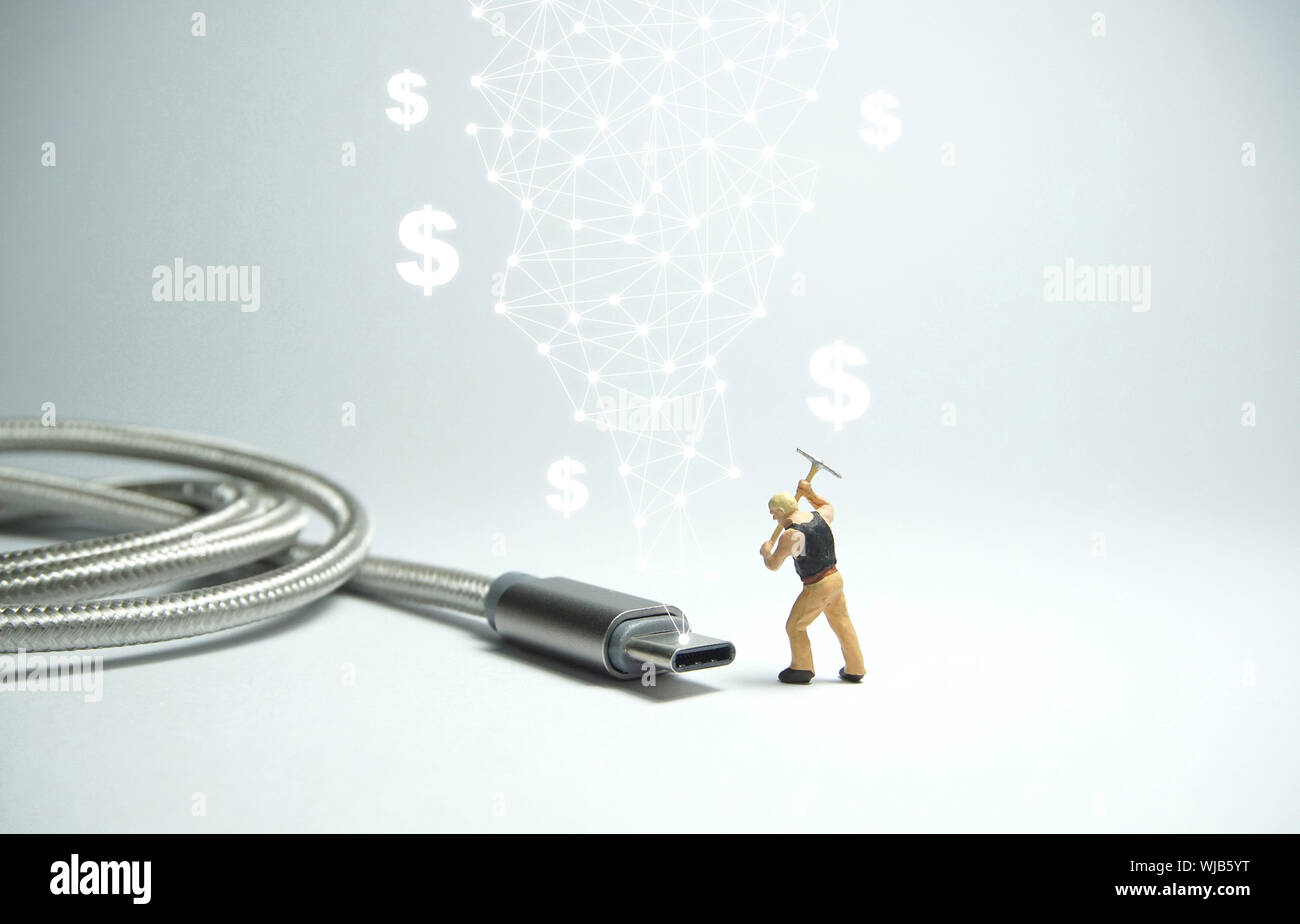 Technician worker figure standing in front of usb USB type C cable. E ...