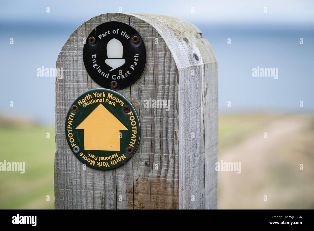 Direction and warning signs on the Cleveland Way, near to Staithes ...