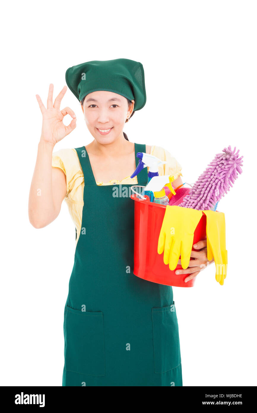 happy cleaner woman with ok gesture Stock Photo - Alamy