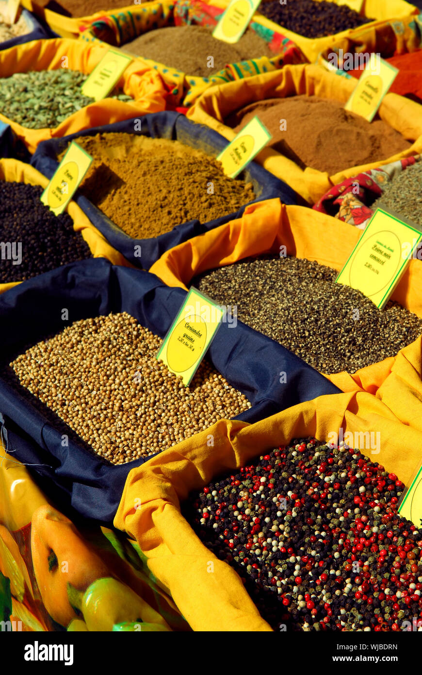 Assorted spices for sale on french farmers market in Perigueux, France ...