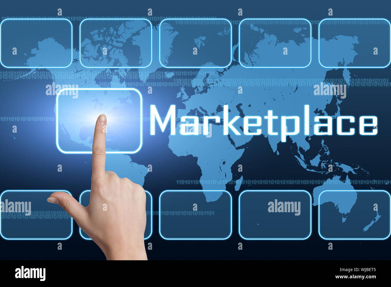 Marketplace concept with interface and world map on blue background ...
