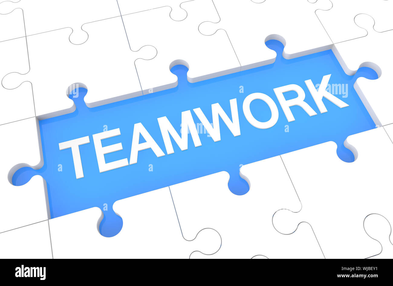 Teamwork - puzzle 3d render illustration with word on blue background ...