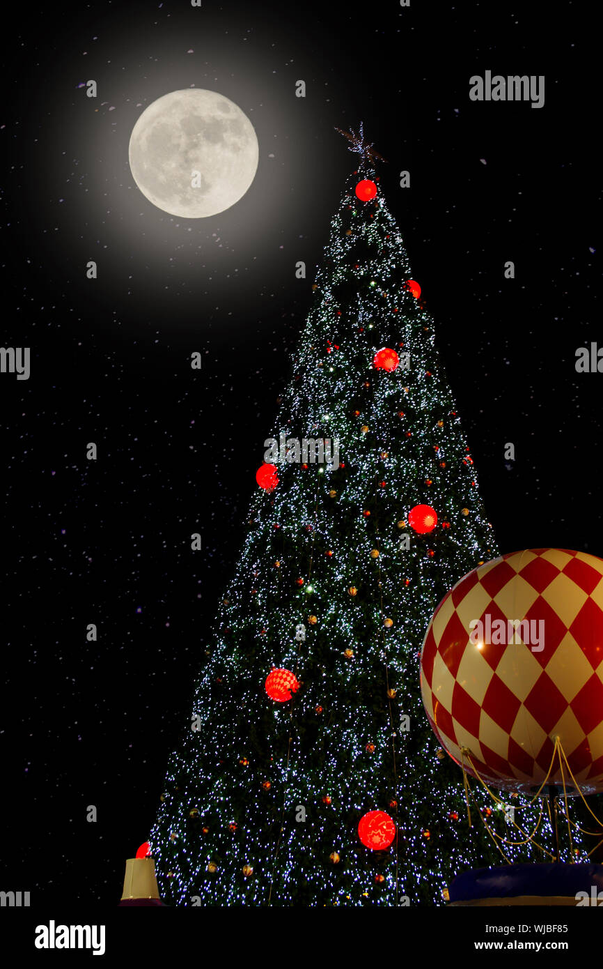 christmas tree in the night sky with full moon Stock Photo - Alamy