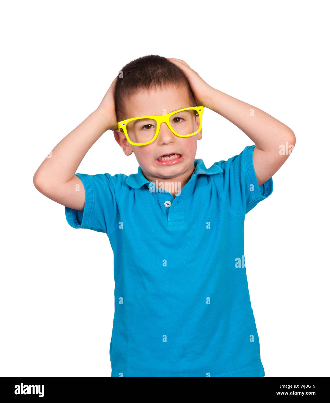 Scared little boy isolated on white background Stock Photo - Alamy