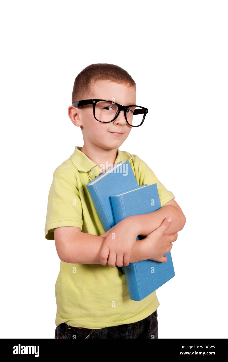 Smart boy holding the books isolated on white background Stock Photo ...