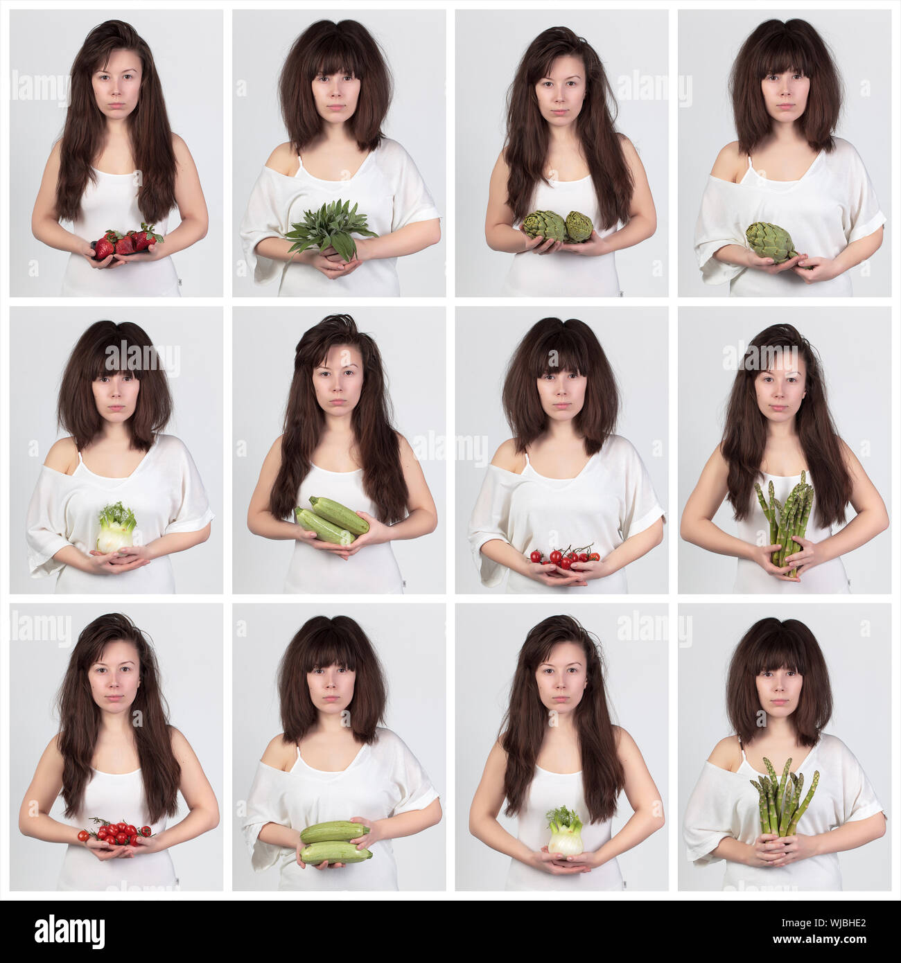 Collage young beautiful woman with the fresh vegetables, the concept of ...