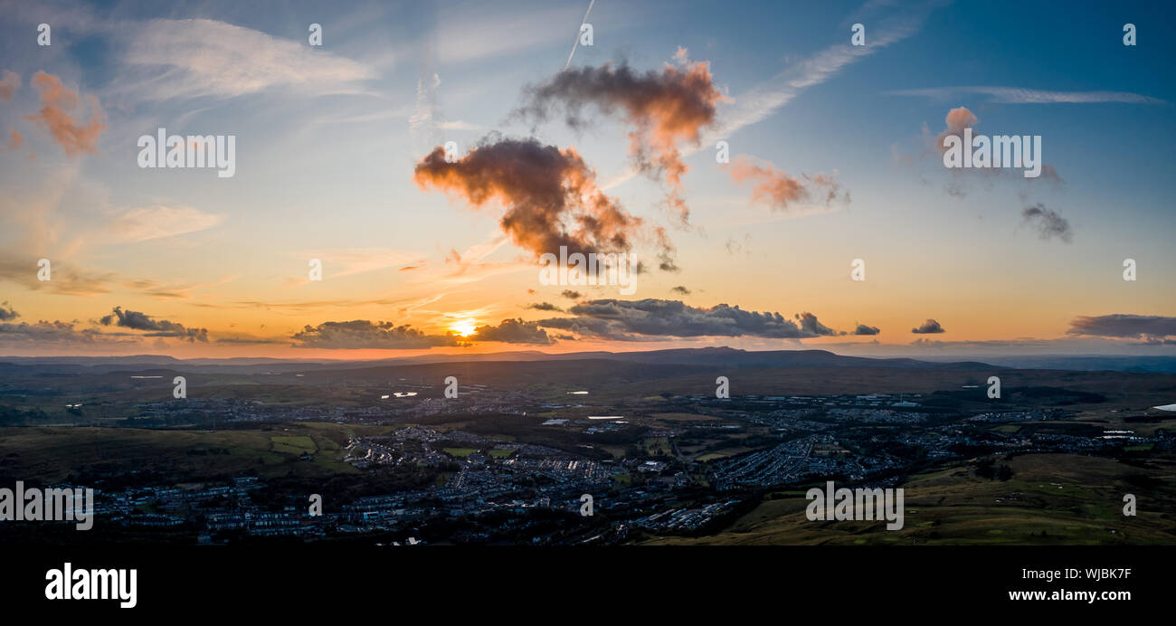 Aerial view of Gwent Welsh Valleys towns and mountains at Sunset Stock ...