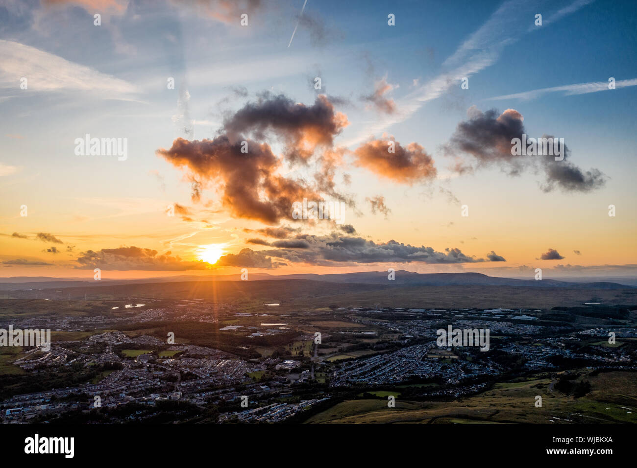 Aerial view of Gwent Welsh Valleys towns and mountains at Sunset Stock ...