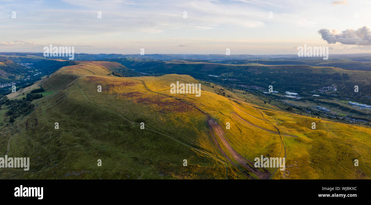 Aerial view of Gwent Welsh Valleys towns and mountains at Sunset Stock ...