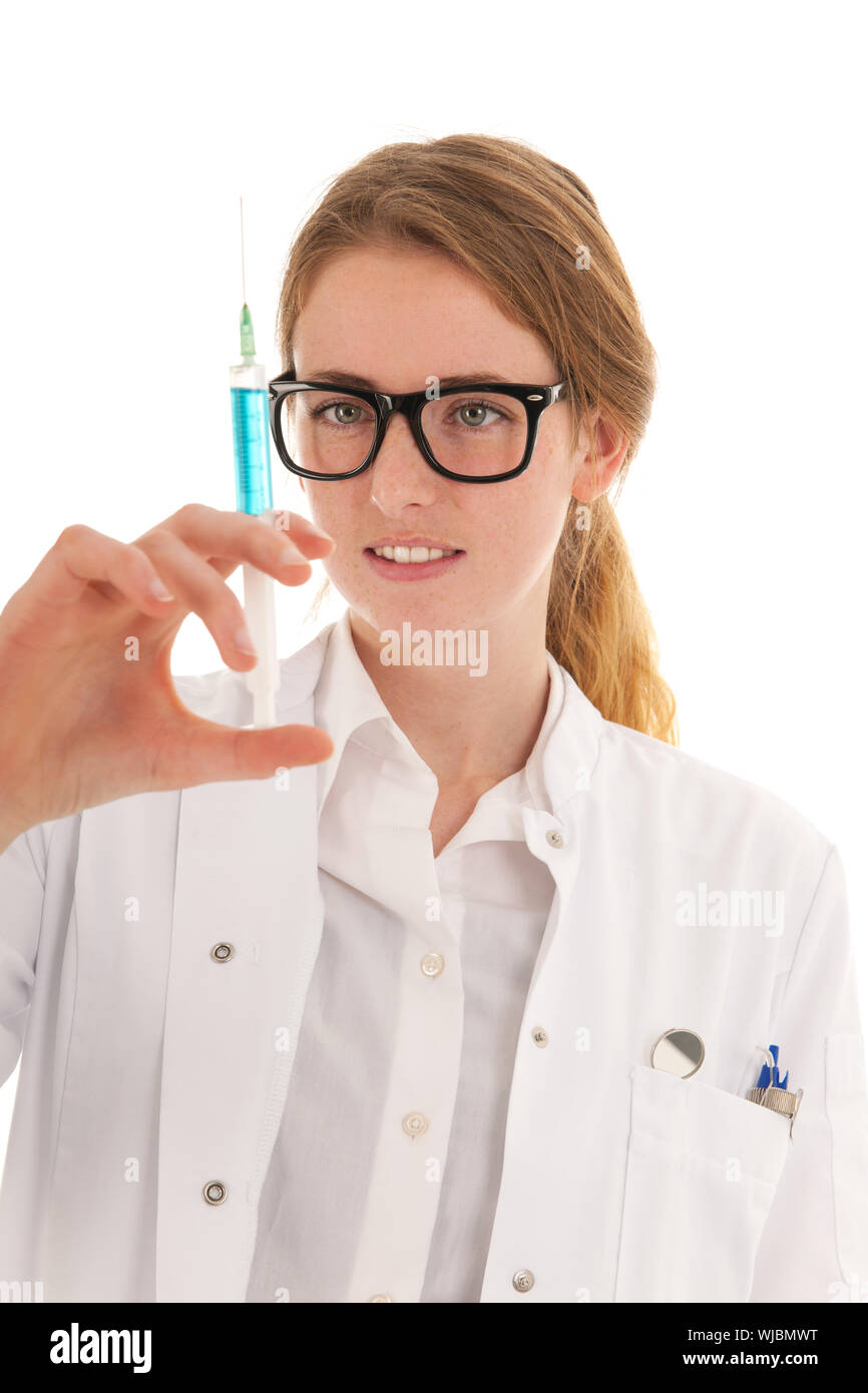 Female dentist with injection needle for anesthesia isolated over white ...