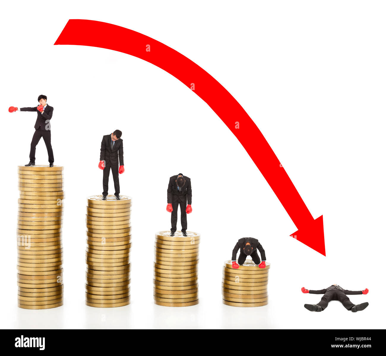 businessman lose coins with a red arrow going down Stock Photo - Alamy