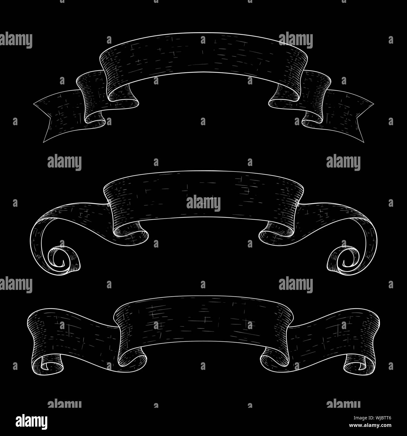Ribbon scrolls. Hand drawn design icons on black background Stock ...
