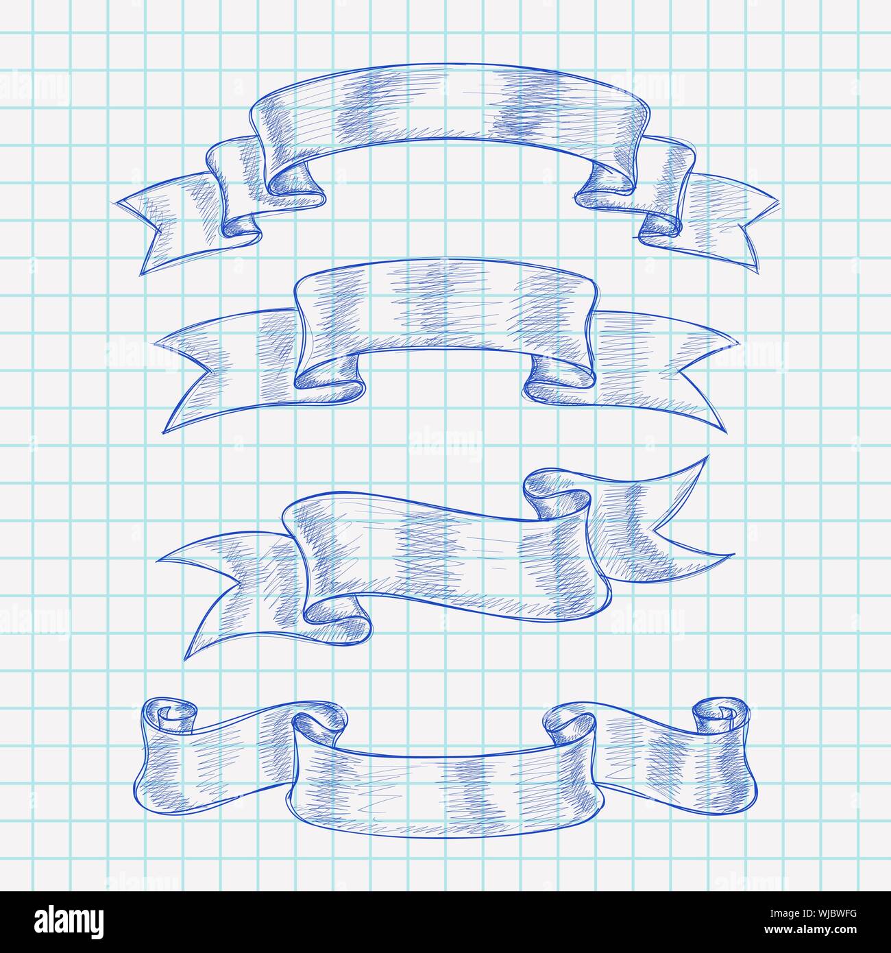 Ribbon scrolls. Hand drawn sketch on lined paper background Stock ...