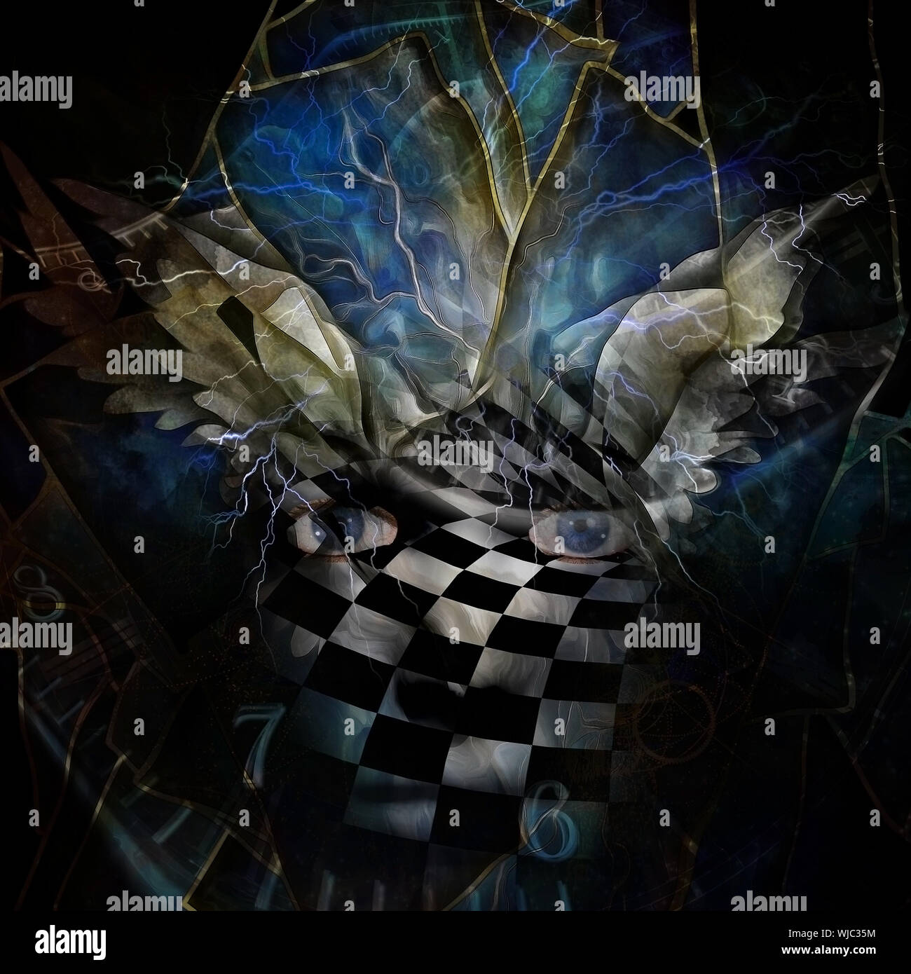 Surrealism. Face with chessboard pattern. Spirals of time and ...