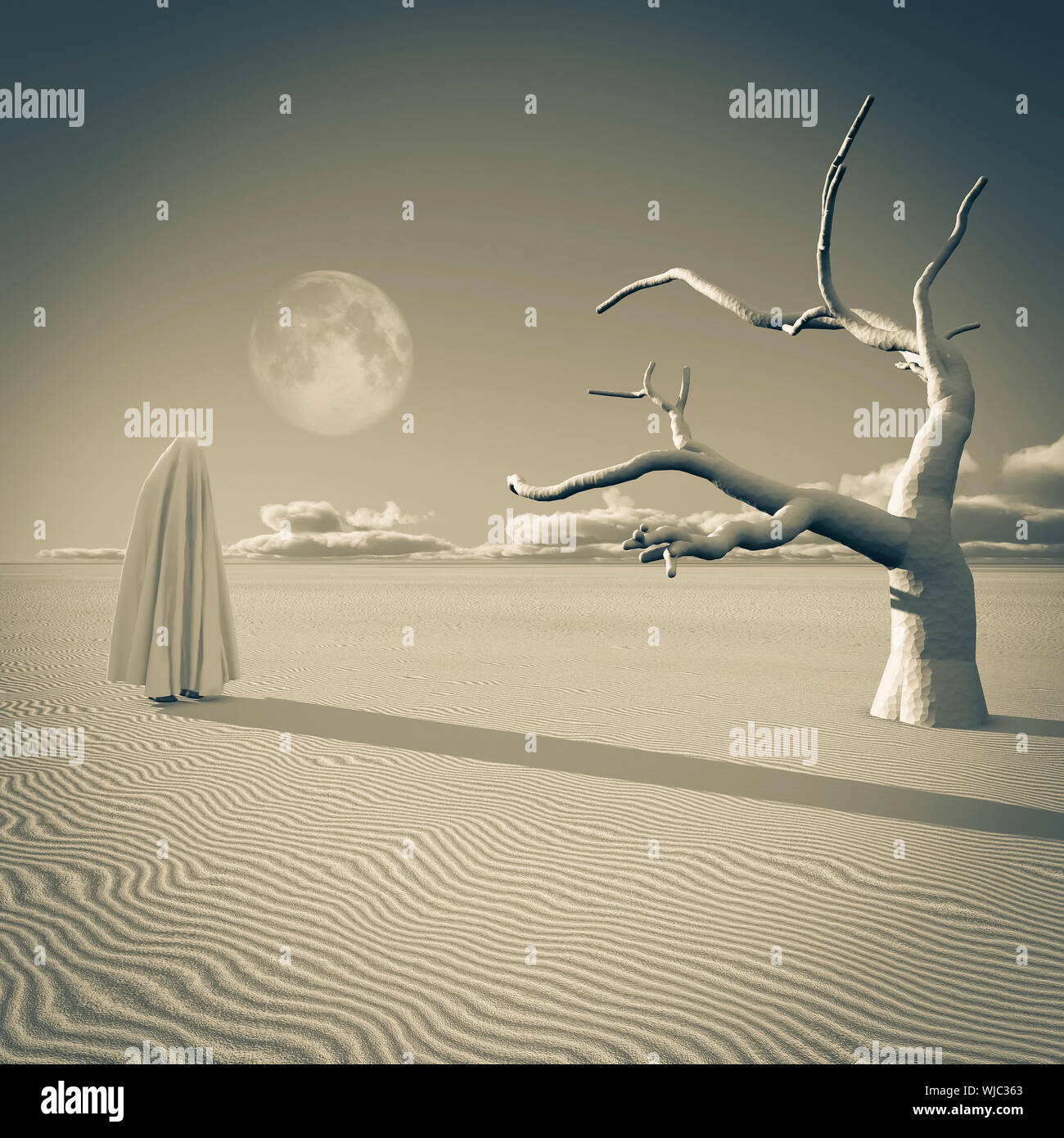 Figure covered by cloth in the surreal desert. Void Stock Photo - Alamy