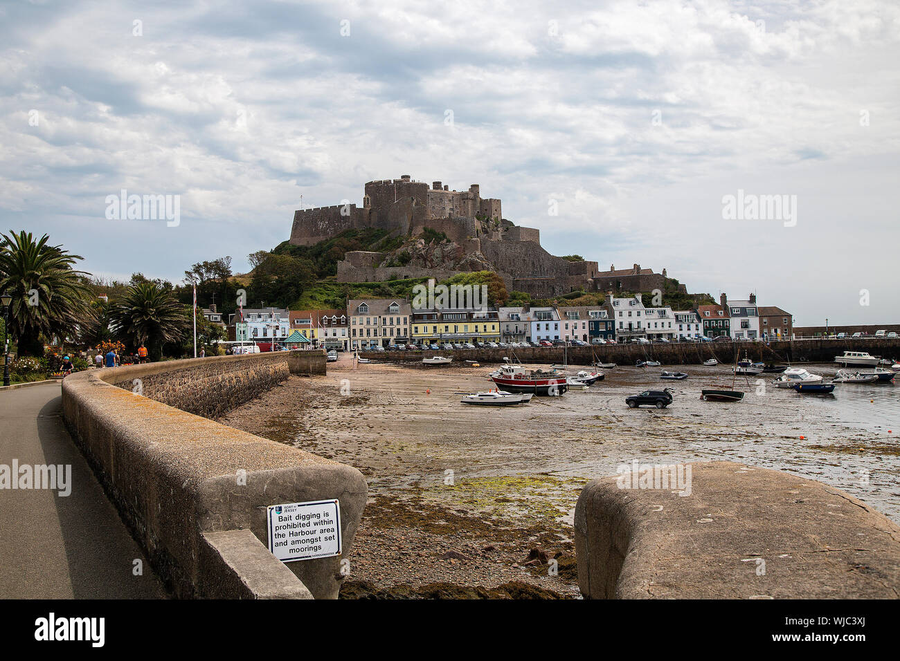 A view of Gorey (Orguiel) Castle, Jersey, and harbour Stock Photo - Alamy