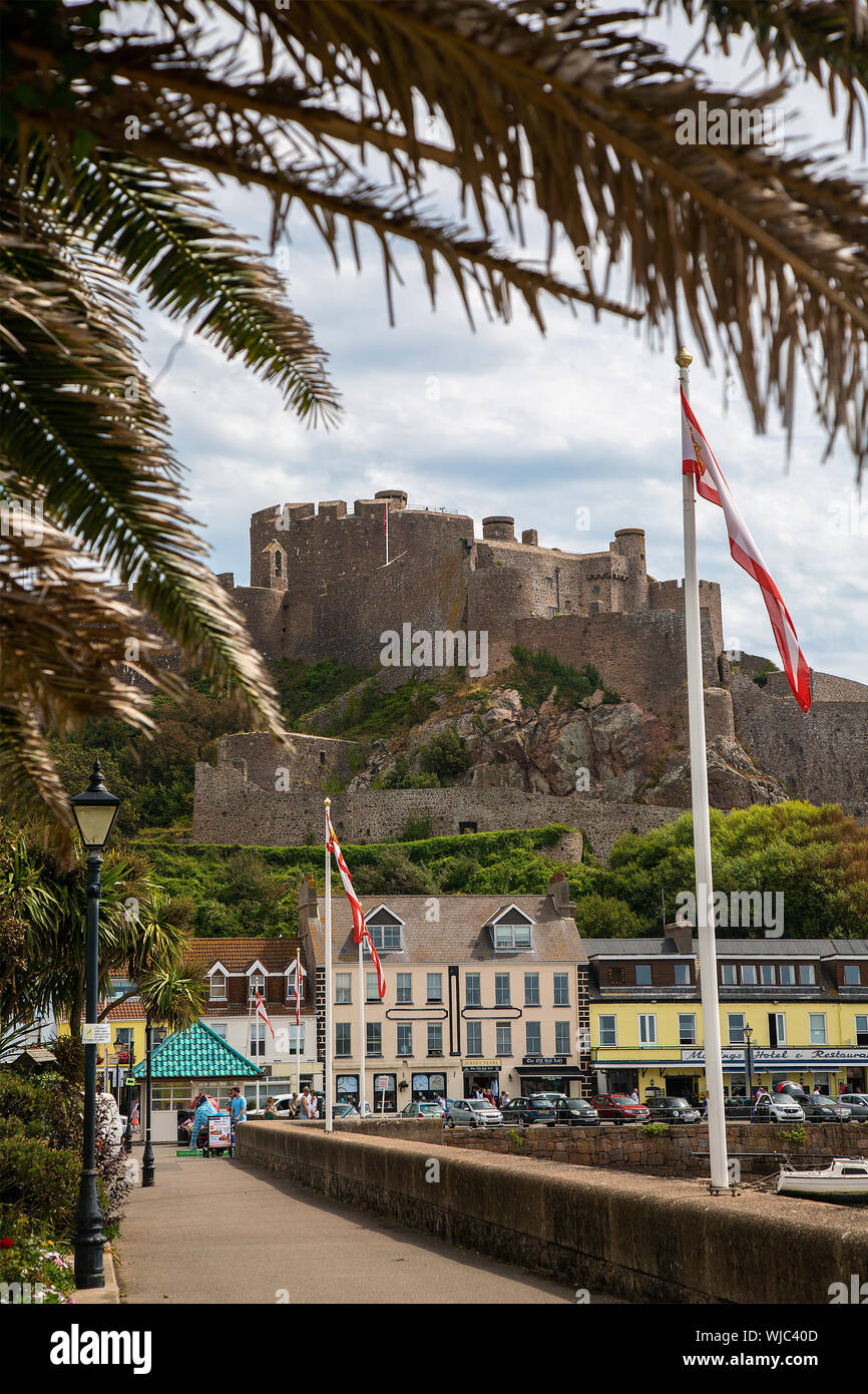 A view of Gorey (Orguiel) Castle, Jersey, and harbour Stock Photo - Alamy