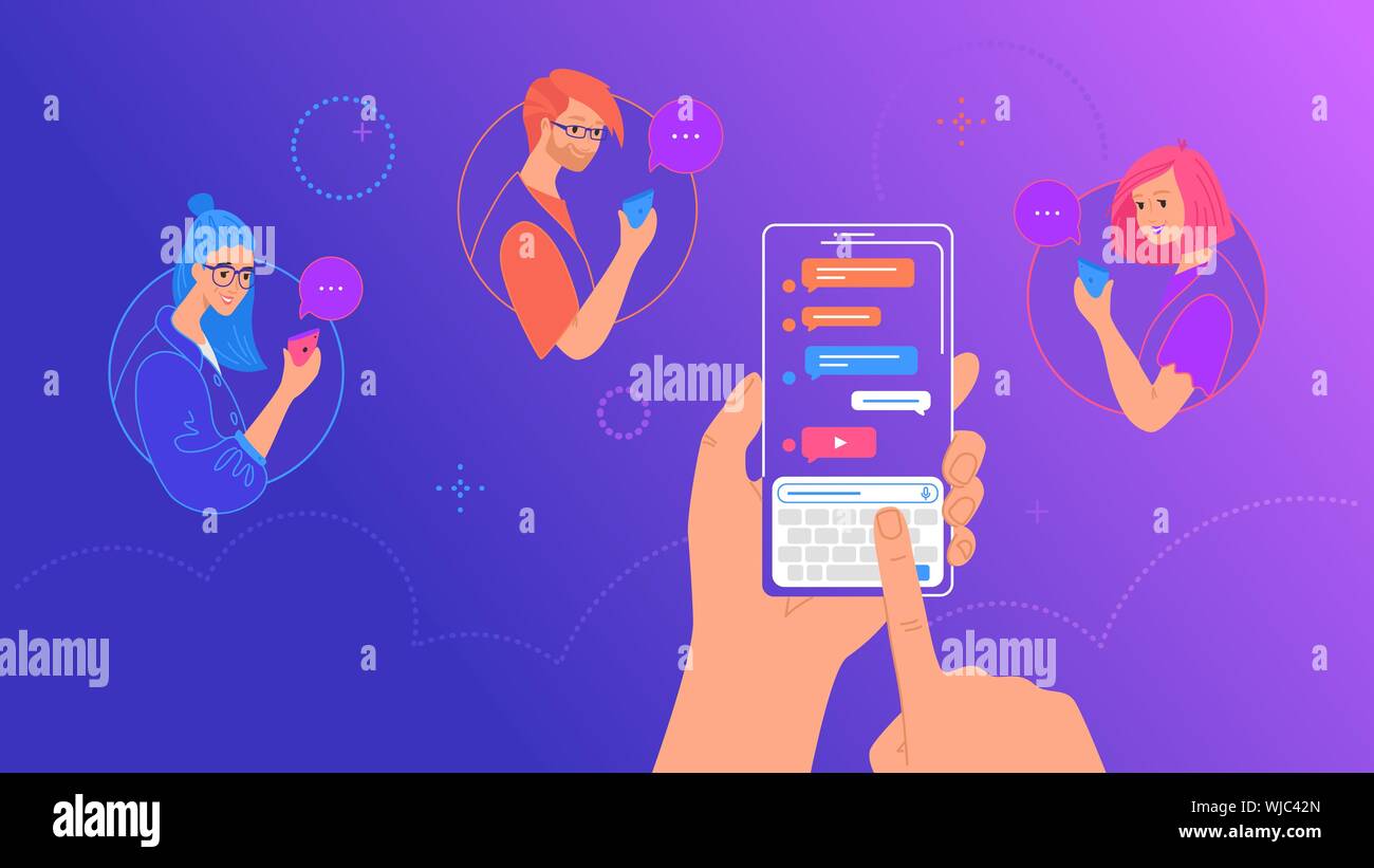 Human hand holds smart phone with messenger app and keyboard on screen ...