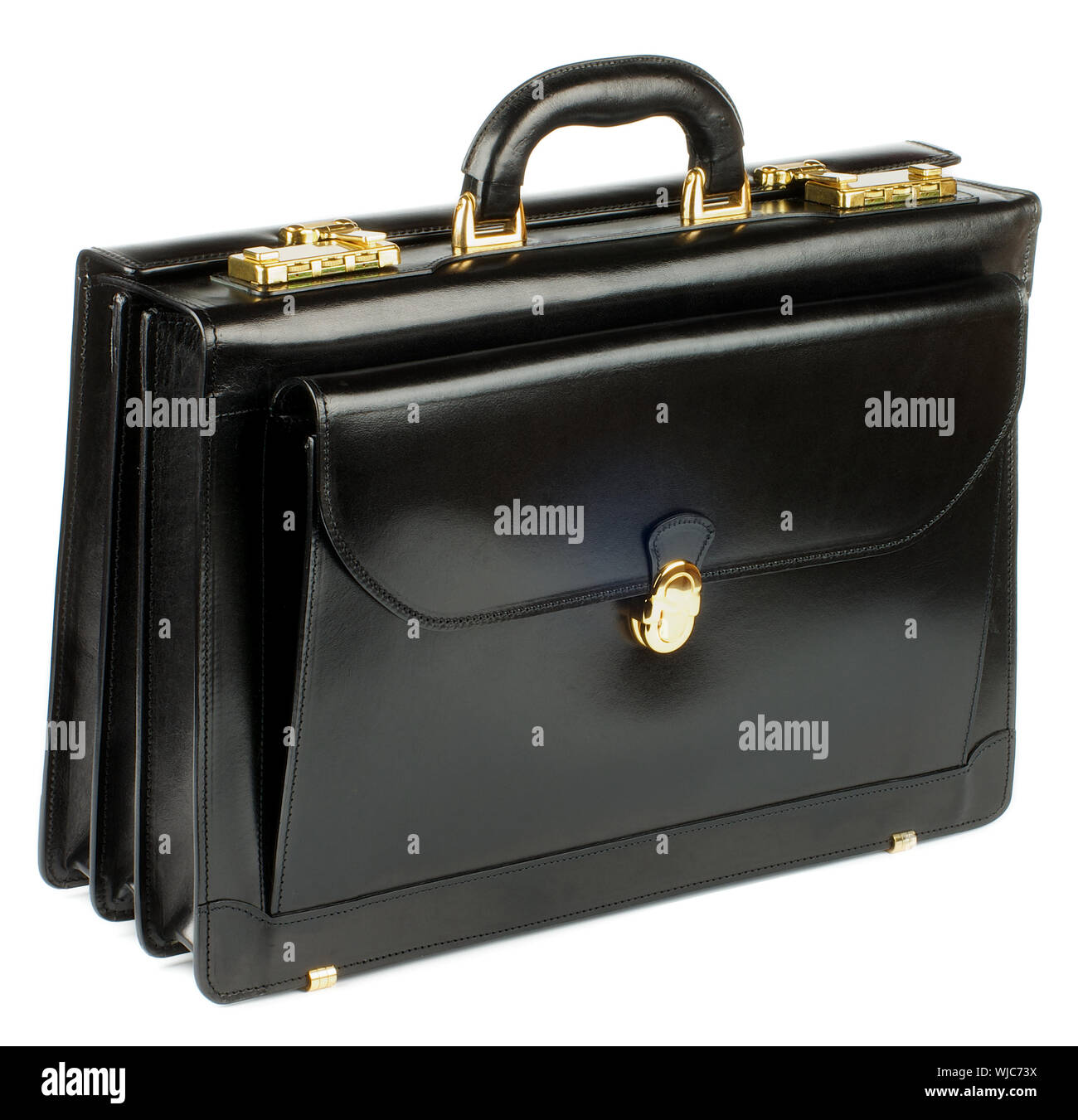 Black Leather Briefcase with Gold Details and Pocket with Lock isolated ...