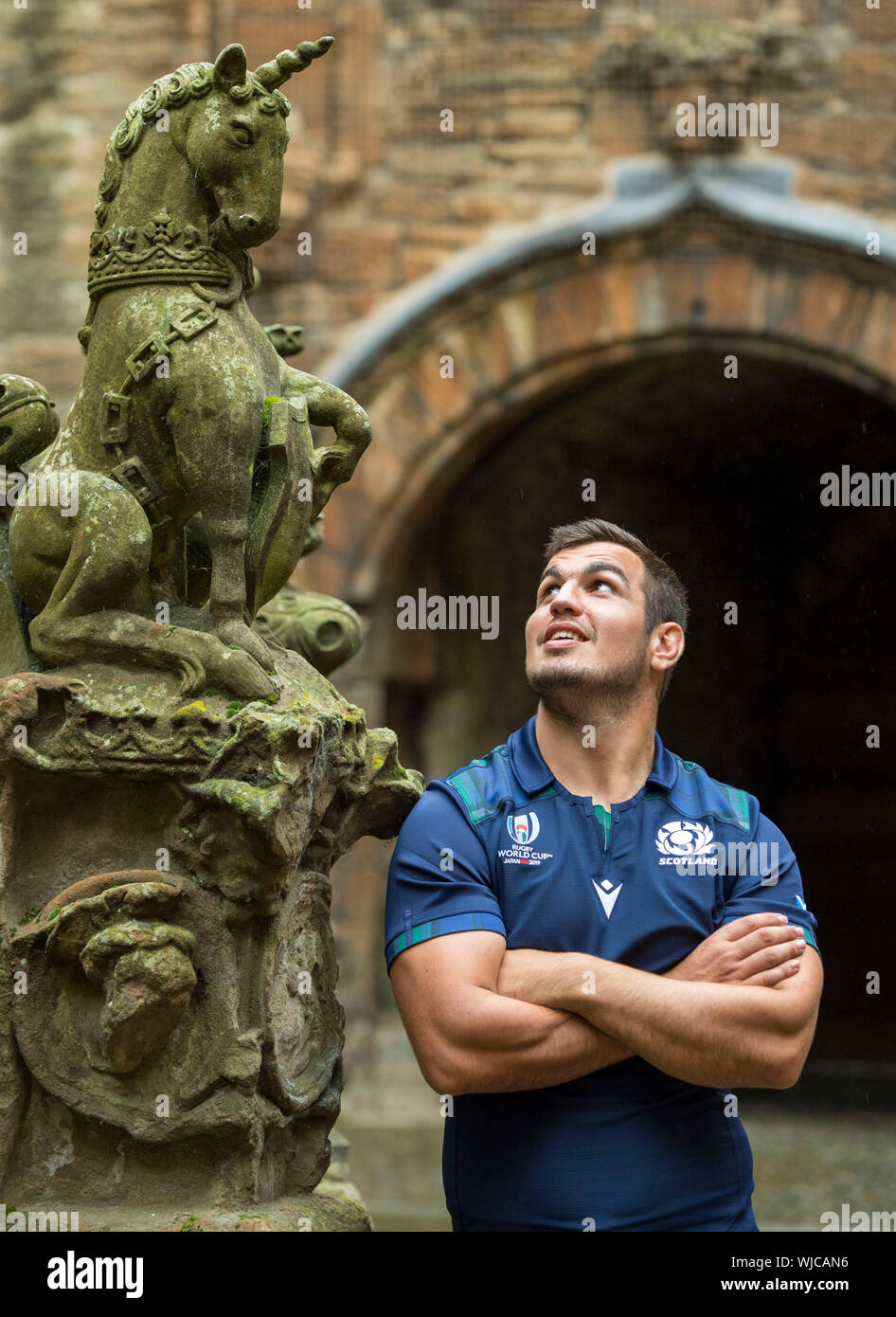Scotland captain Stuart McInally looks up at a unicorn statue during ...