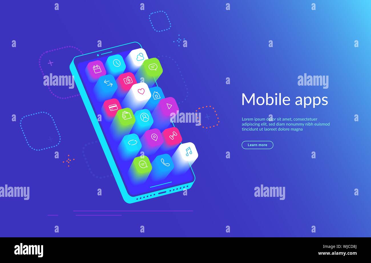 Isometric smartphone with various applications flying out the screen ...