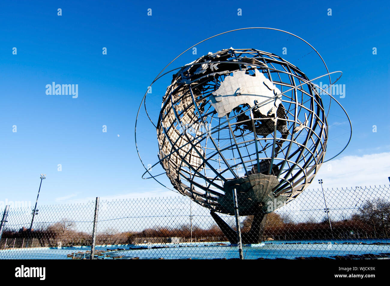 The Earth World Unisphere globe in Flushing Meadows Corona Park in Queens New York at a bright ...