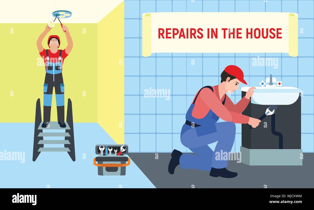 Repairman in house concept banner. Flat illustration of repairman in ...
