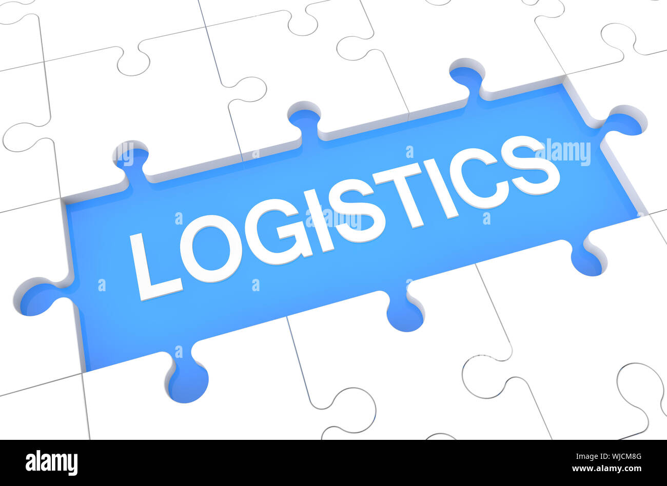 Logistics - puzzle 3d render illustration with word on blue background ...