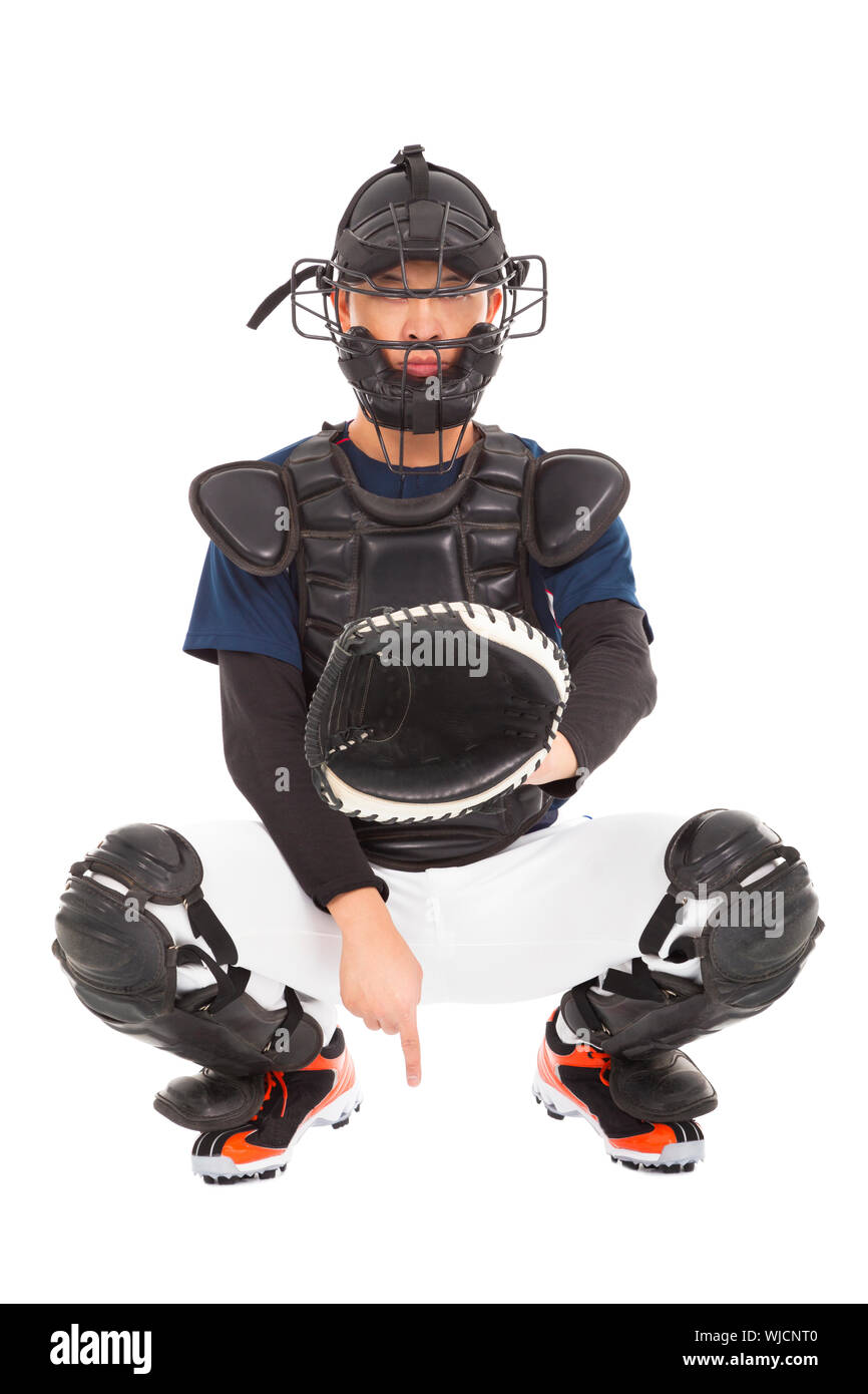 baseball player , catcher showing secret signal gesture Stock Photo - Alamy