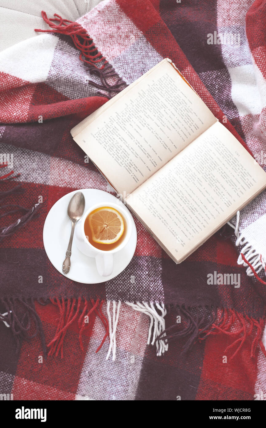 Cup of hot tea and reading on a blanket, instagram style toned. Top ...