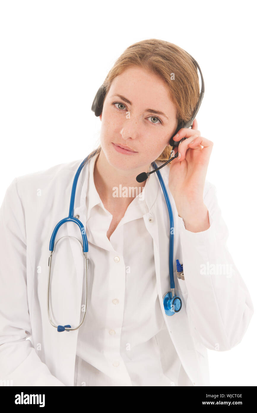Portrait female doctor with stethoscope and headset Stock Photo - Alamy