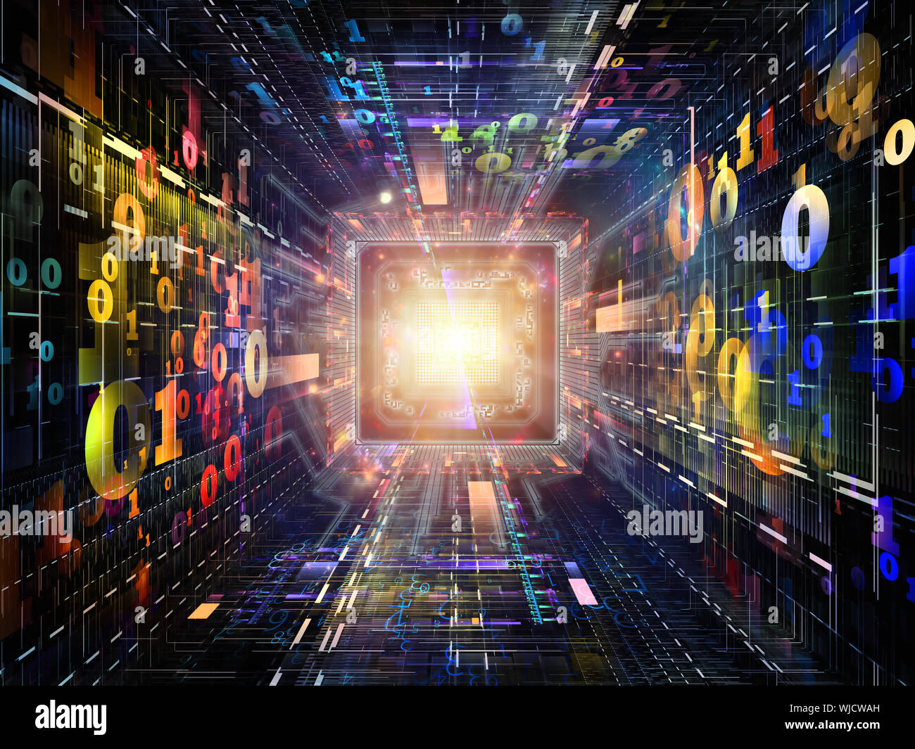 Number Tunnel series. Composition of CPU chip, colorful numbers and ...