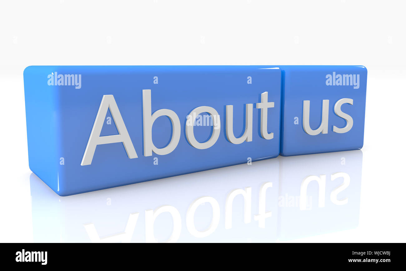 3d render blue box with about us on it on white background with reflection Stock Photo - Alamy