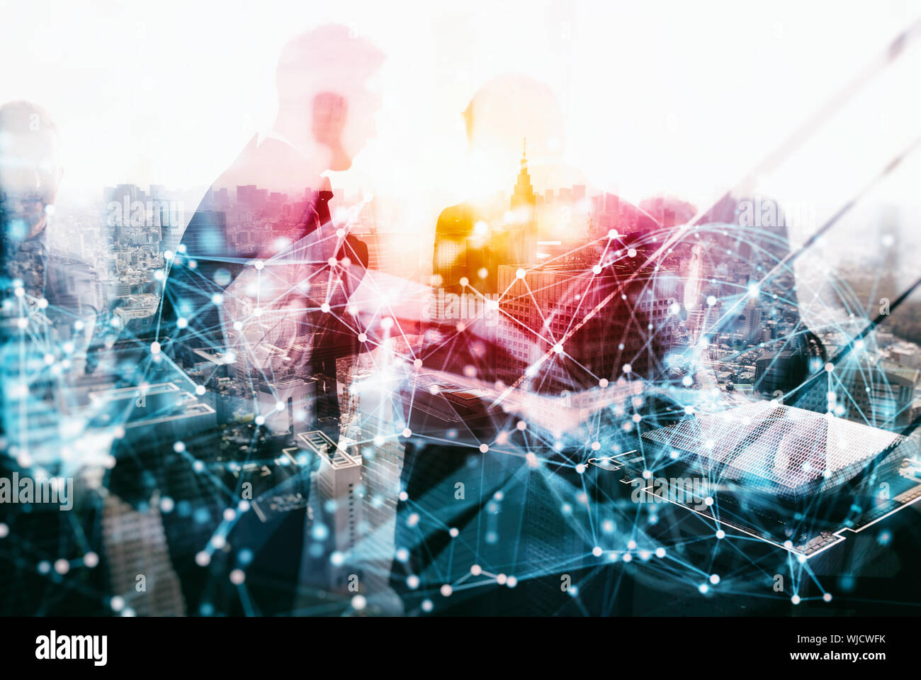 Network background concept with business people silhouette. Double ...