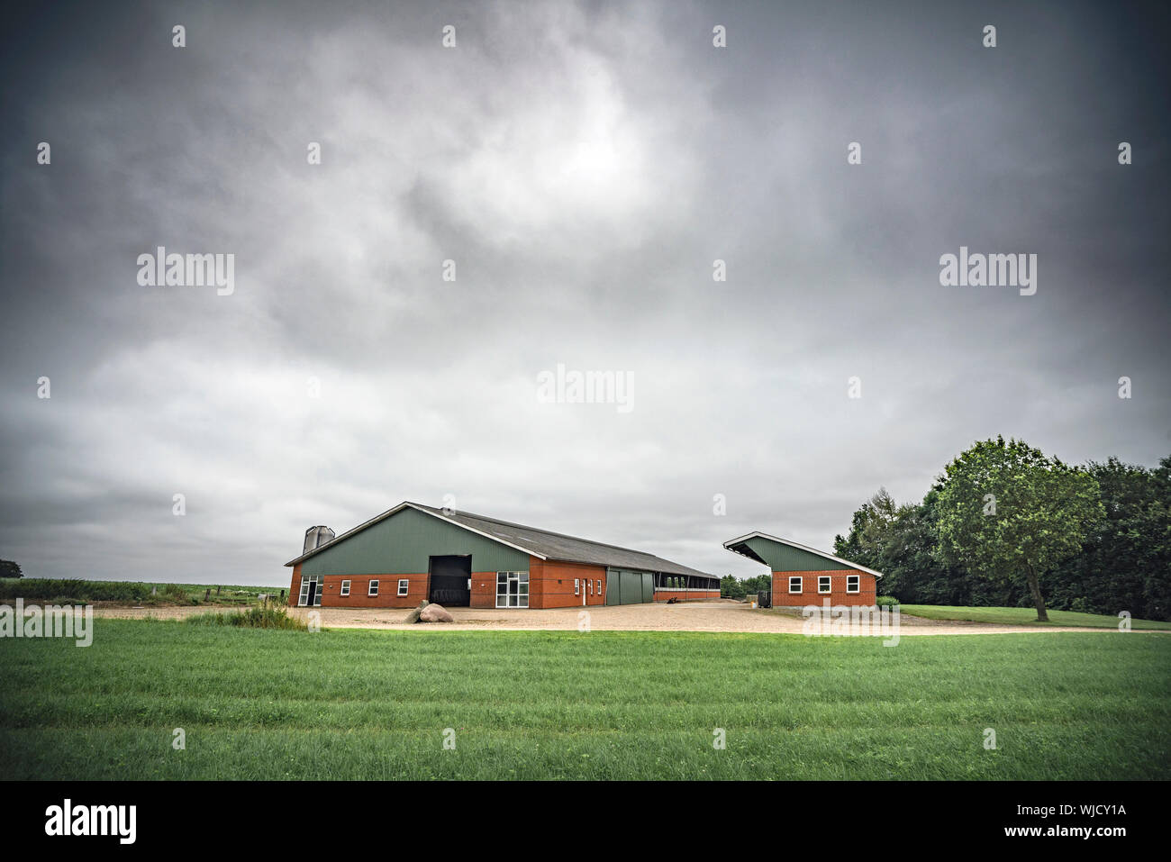 Farm under a cloudy sky with green fields waiting for the rain Stock ...