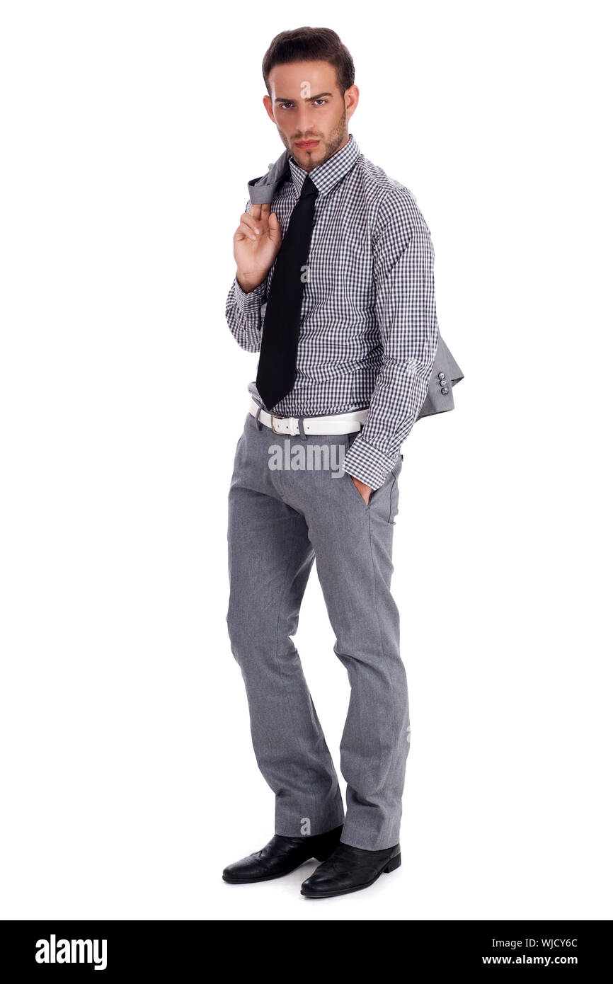 Smart business man standing with his suit over white background Stock ...