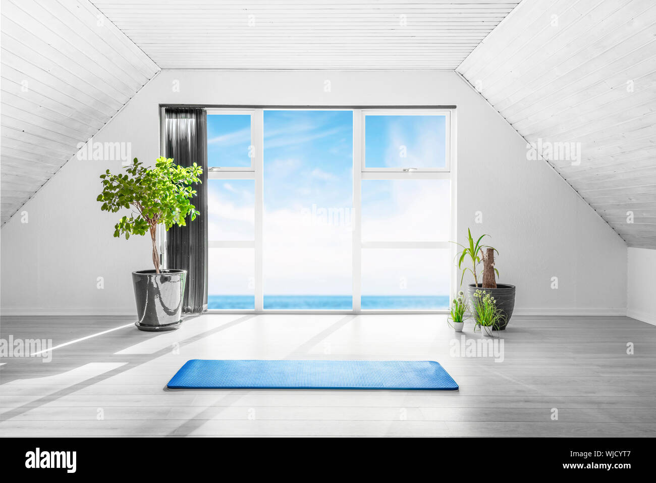 Indoor yoga scene with a blue mat in a bright room with an ocean view ...