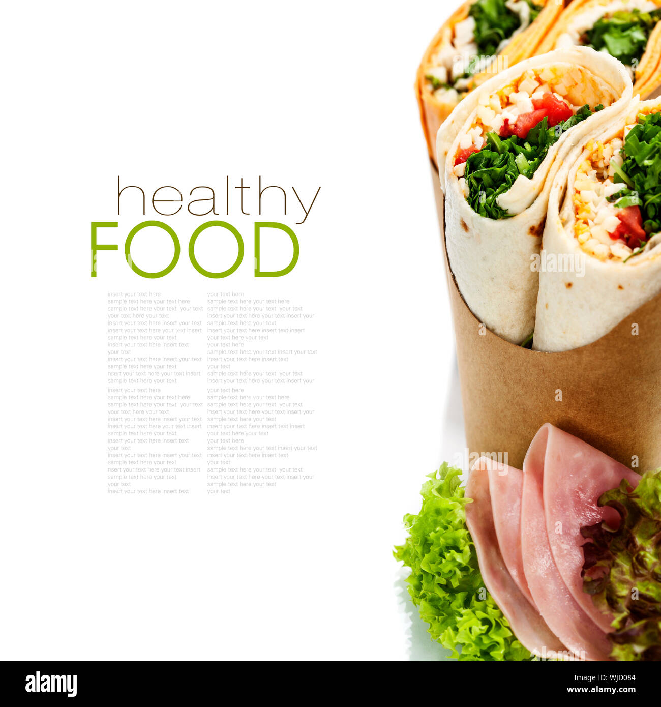 tortilla wraps with chicken and fresh vegetables isolated on white ...