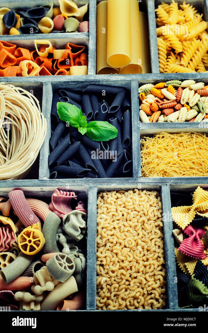 Assorted pastas in wooden box (with easy removable sample text Stock ...