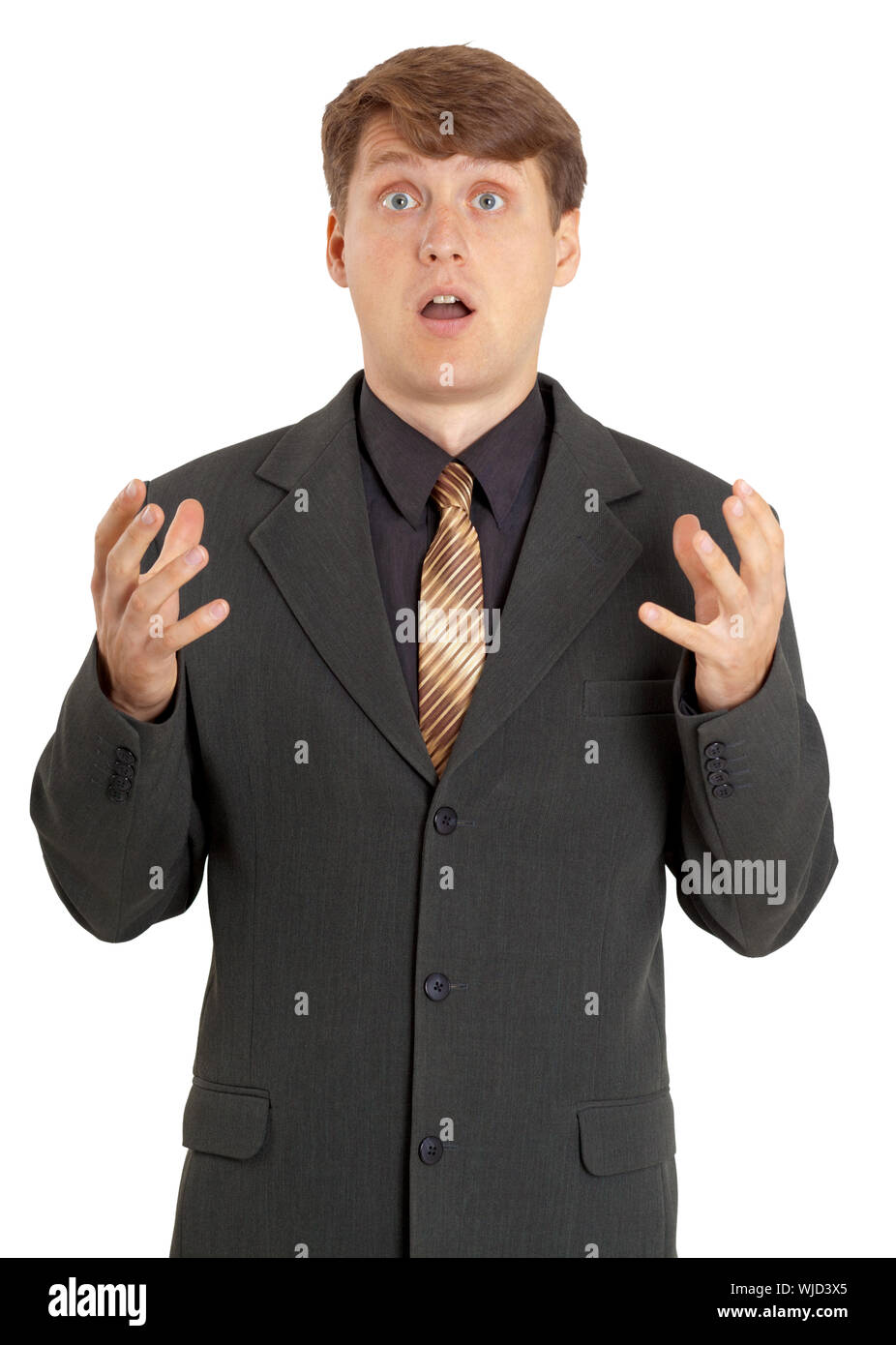 Strongly scared and confused young man on white Stock Photo - Alamy