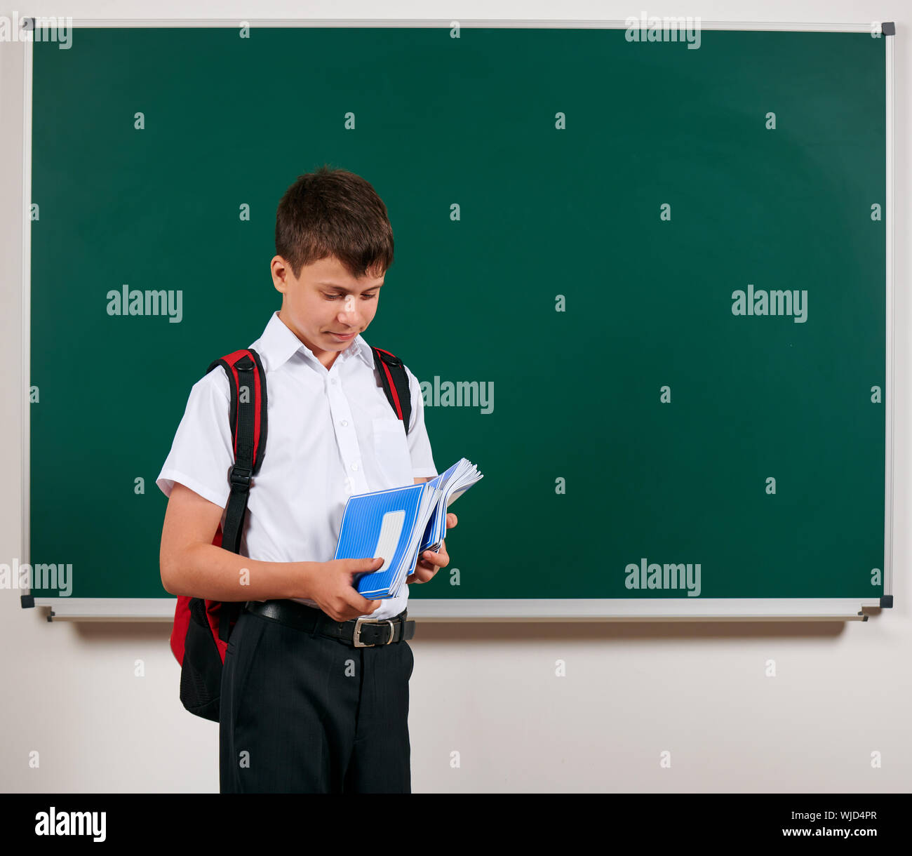 Portrait of a school boy posing with backpack and school supplies ...
