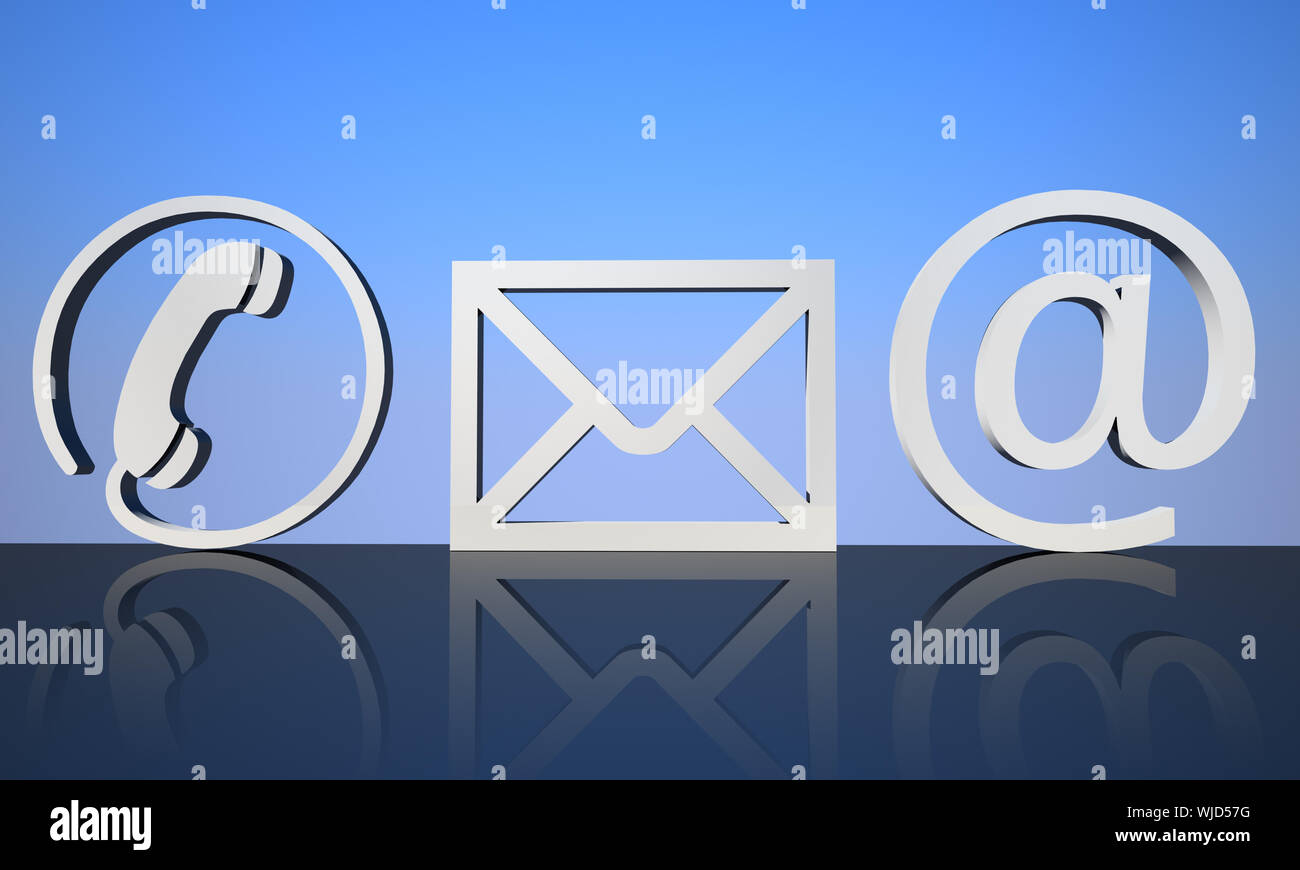 3d render Contact icons on reflective ground with blue background Stock ...
