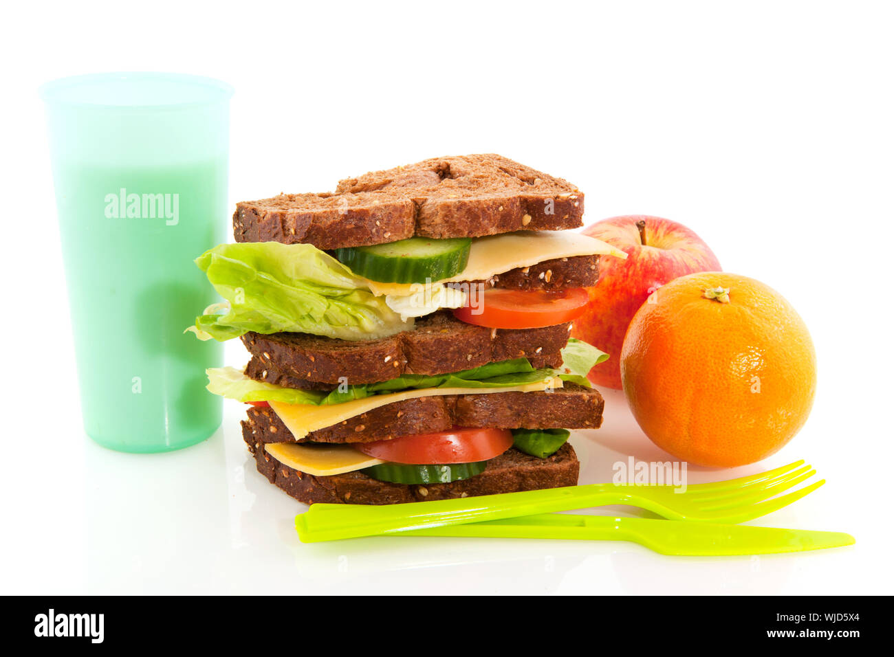 Healthy lunch for take away with brown bread fruit and milk Stock Photo ...