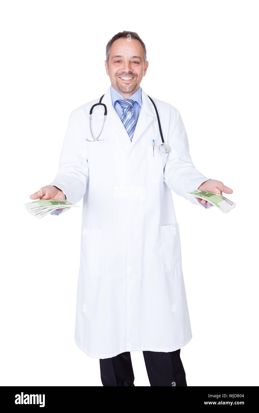Happy Doctor Holding Euro Notes On White Background Stock Photo - Alamy
