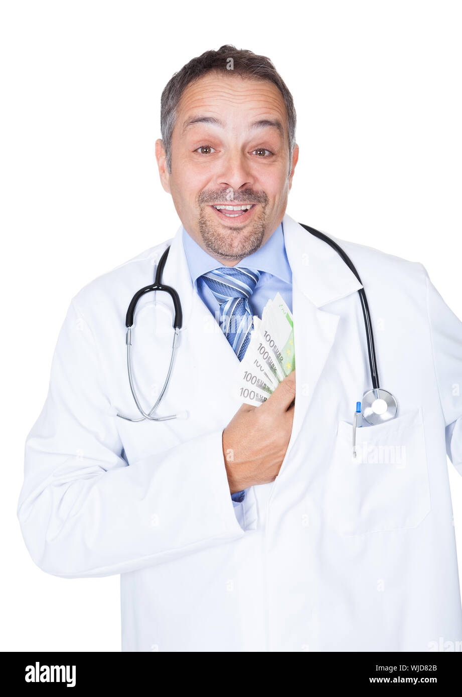 Happy Doctor Holding Euro Notes On White Background Stock Photo - Alamy