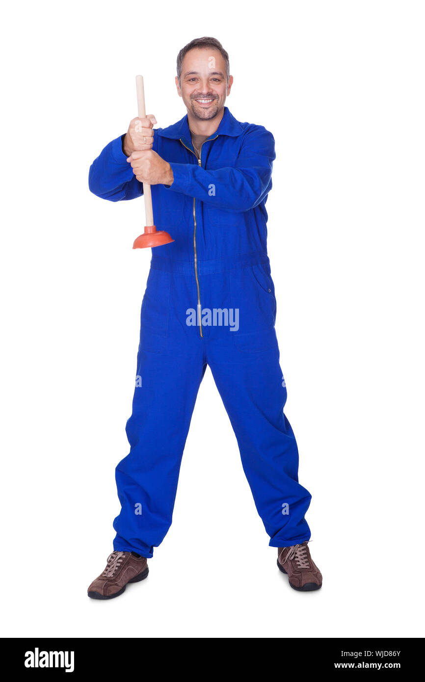 Happy Plumber Holding Plunger On White Background Stock Photo - Alamy